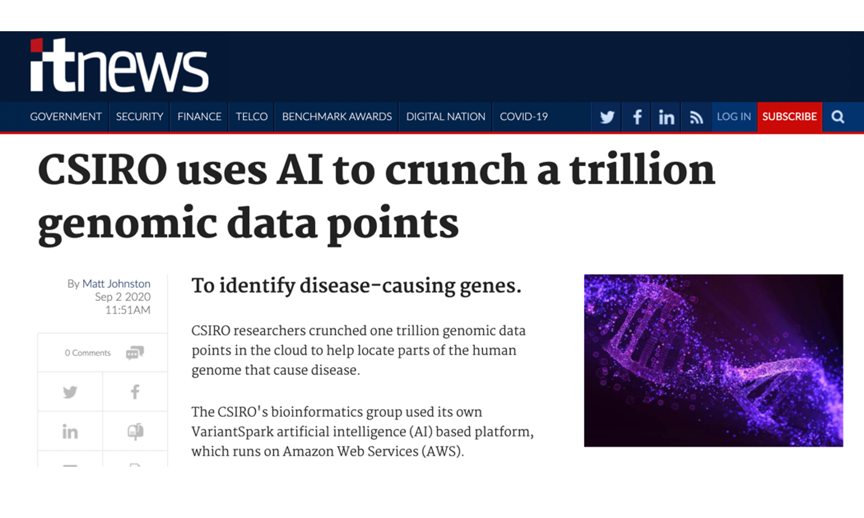 itNews: CSIRO uses AI to crunch a trillion genomic data points